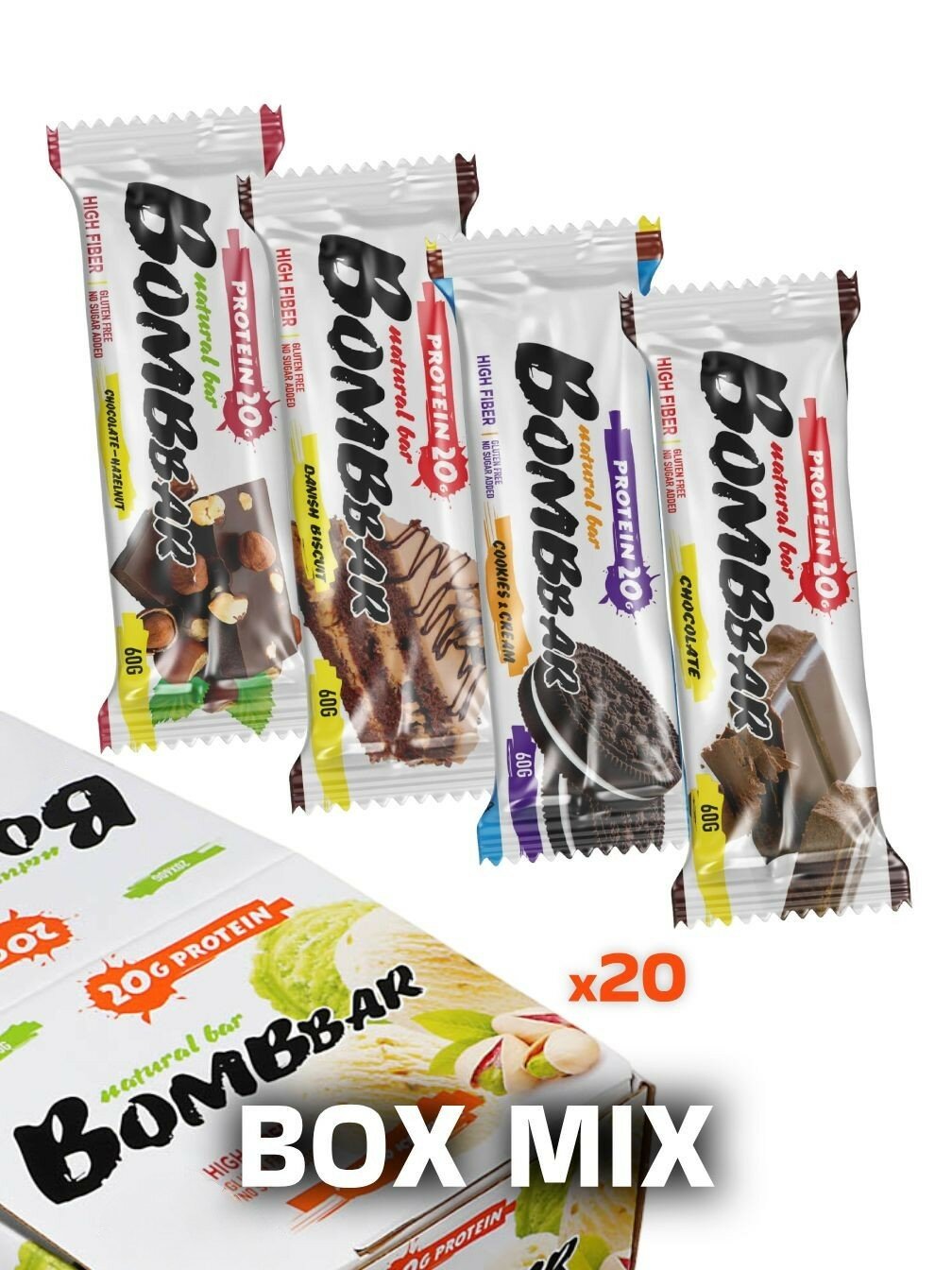 Протеиновый батончик BombBar Protein Bar 20 x 60 г, Ассорти №4.4 (шоколадный)