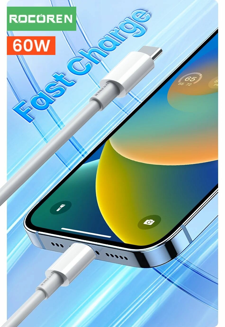 ROCOREN YuanYi USB Type-C, PD 3.1, 60W, кабель зарядный 1,0м, белый