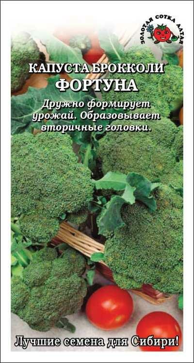 Семена капусты брокколи "Фортуна" 10 упаковок по 0,3 гр - головки округло-плоские, средне бугристые, серо-зеленого цвета, средней плотности, нежной текстуры.