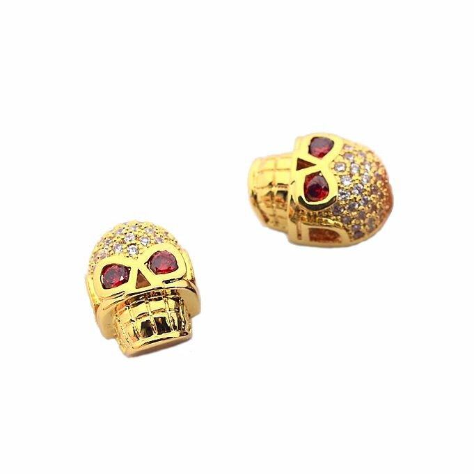 Бусина металлическая, 12х9.5х7мм, Milano, Череп с фианитами, базовый материал - латунь, под золото, 1 шт.