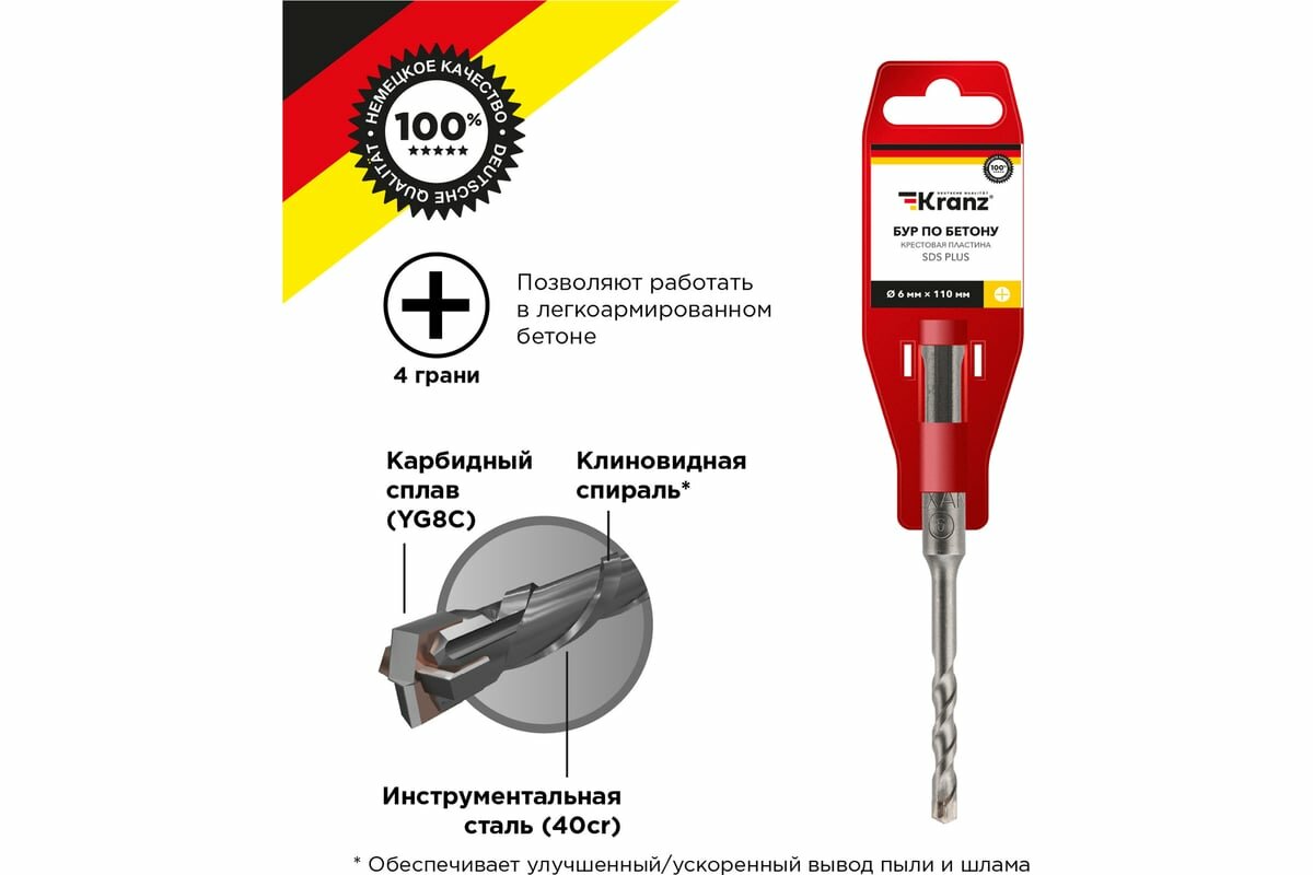 Бур по бетону 6x110x50 мм, крестовая пластина, SDS-plus KRANZ KR-91-0801