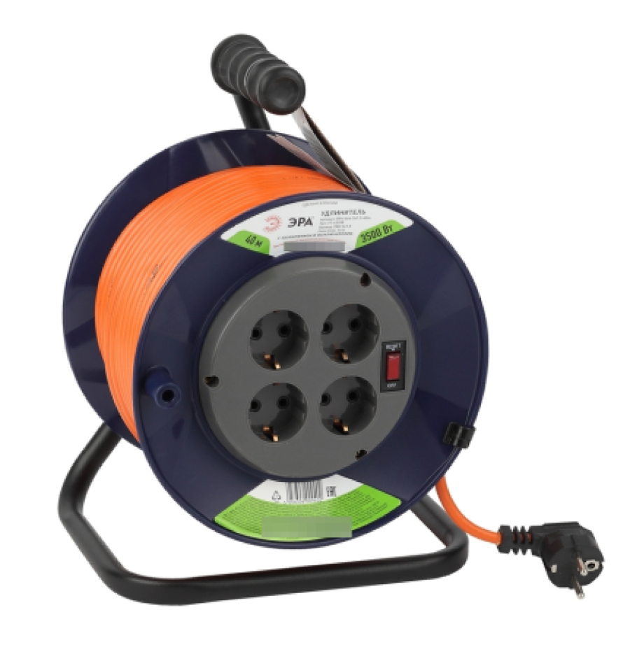 Удлинитель силовой на катушке ЭРА RPx-4es-3x1.5-40m с заземлением, провод ПВС 3х1.5мм2, 4 розетки, 40м, Б0046836 / электрика