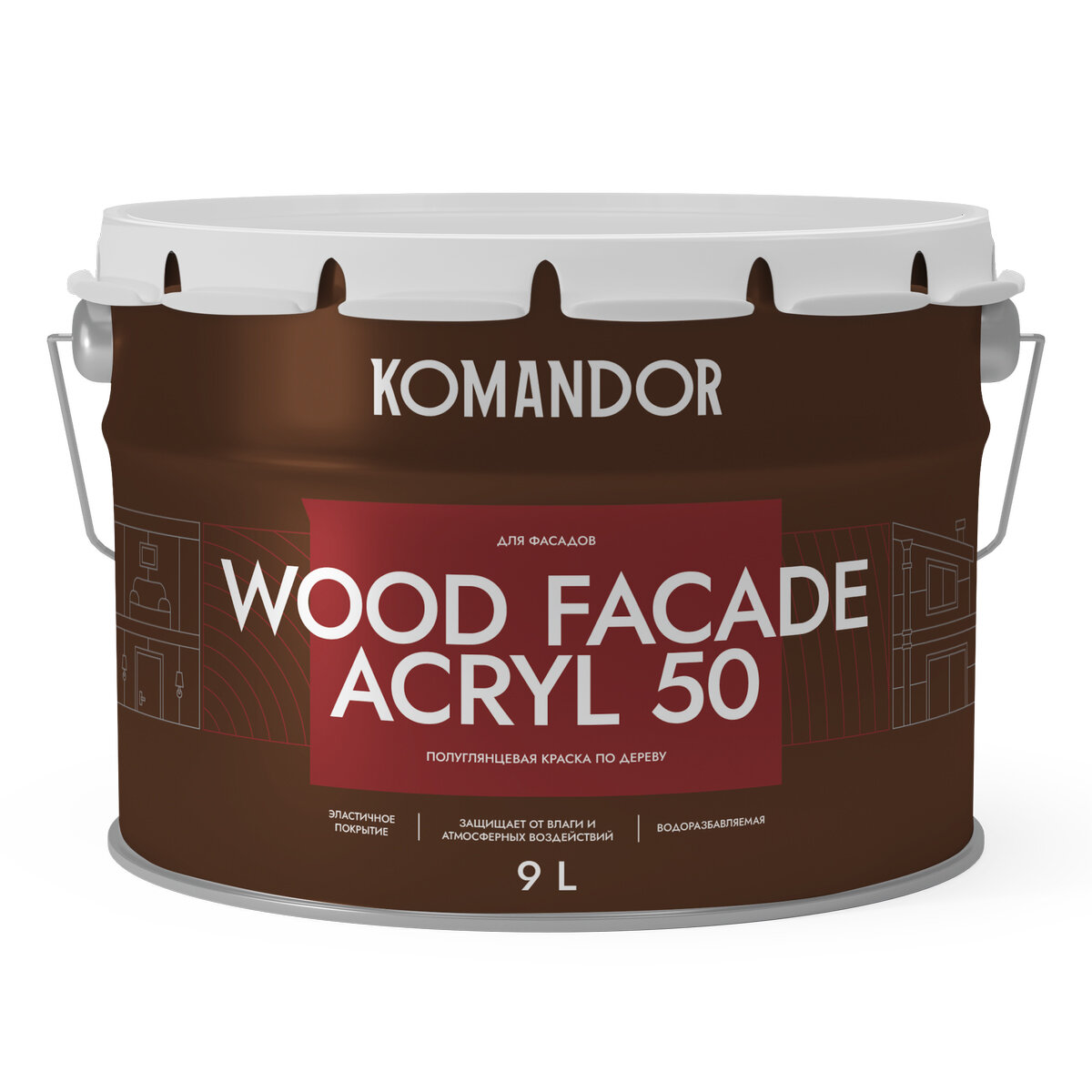 Краска для деревянных фасадов Komandor Wood Facade Acryl 50, полуглянцевая, база C, бесцветная, 9 л