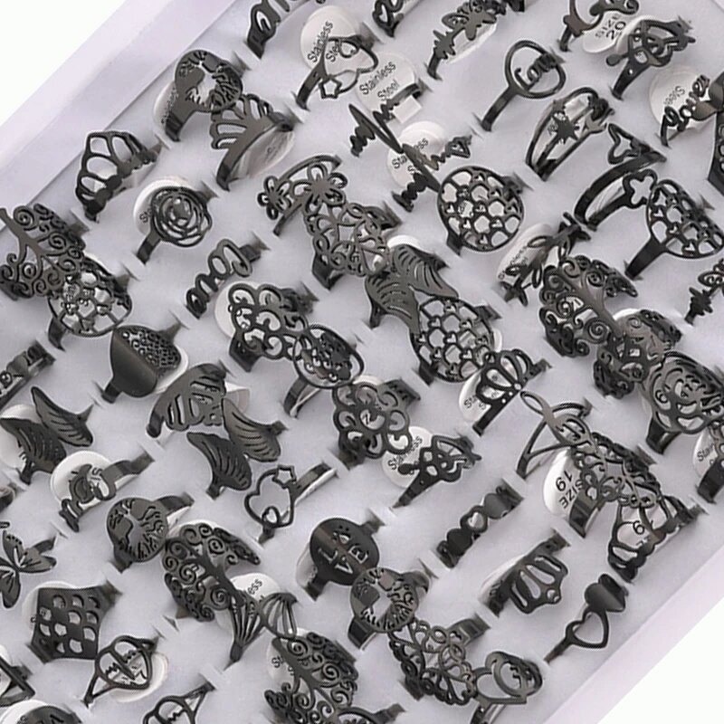 Кольца из нержавеющей стали EKUSTYEE черный, mix sizes(16-20mm)