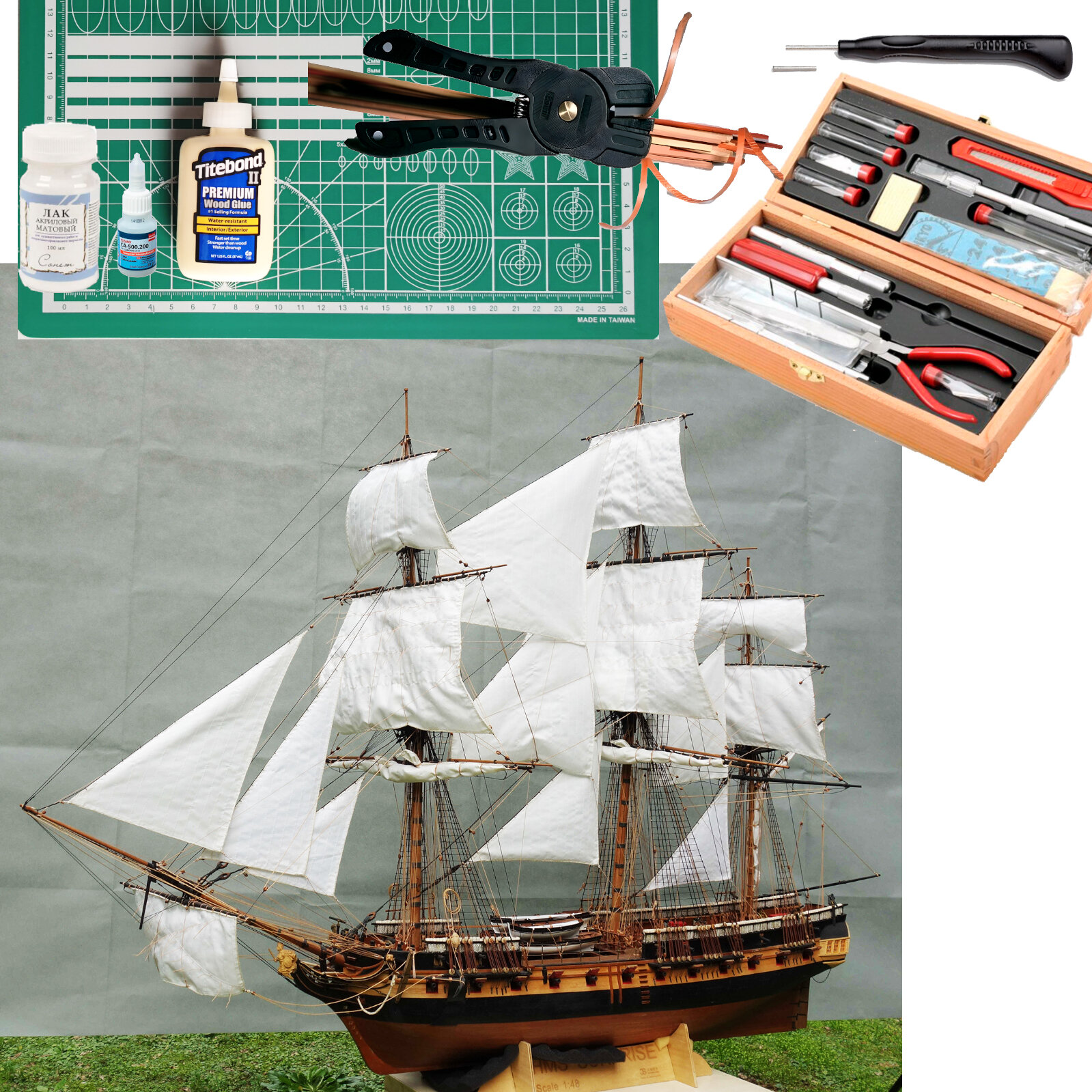 Модель корабля, 24-х пушечный корвет l'Unite - HMS Surprise, 1444х1106х604 мм, подарочный набор, инструменты, лак, клея