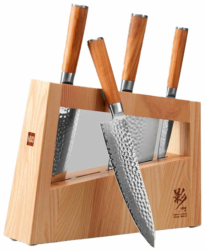 Набор кухонных ножей из дамасской стали Huo Hou 4 ножа + подставка, Damascus Kitchen KnifeSet, серия Ying (HU0257 RUS) русская версия! коричневый