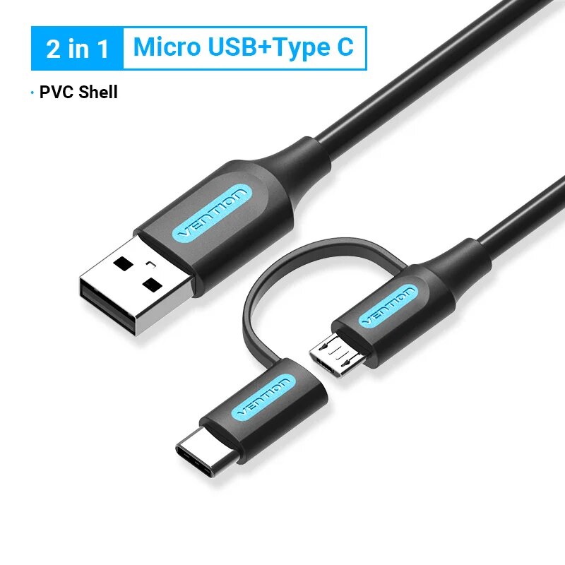 Vention 2 в 1 USB Type C кабель для Xiaomi Mi 9 3A Быстрая зарядка USB кабель для Samsung Galaxy S10 S9 Plus Huawei кабель Micro USB 0.5m, Micro USB Type C
