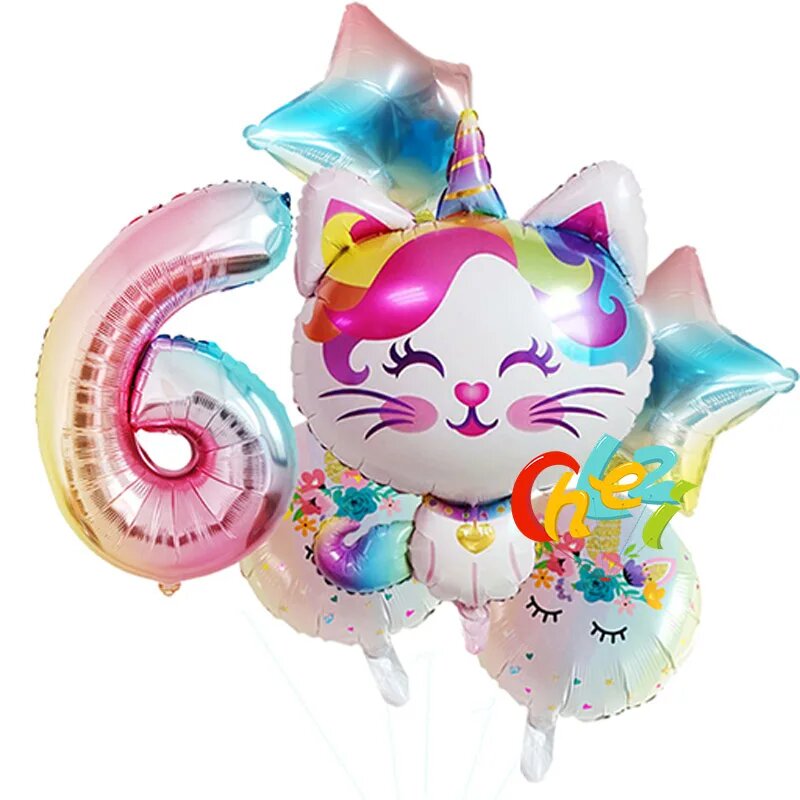 Фольгированные шары CHLEZI, набор из 6 штук, радужный единорог, кот, 32 дюйма Розовый, Star 6