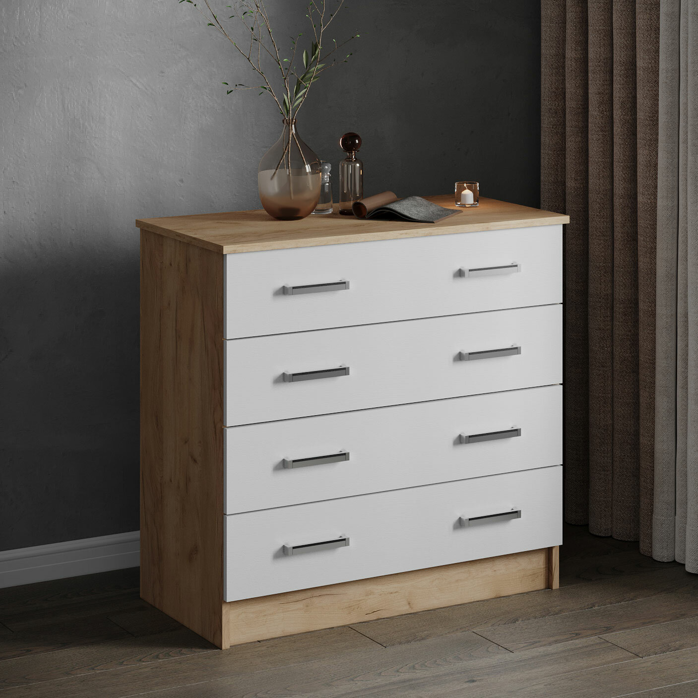 Комод для одежды в спальню с ящиками Катрин 3 (810х820х435 мм), дуб крафт золотой/белый