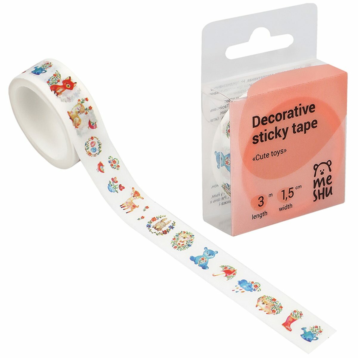 Декоративная клейкая лента MESHU "Cute toys", 15мм x 3м (MS_36881), 24 уп.