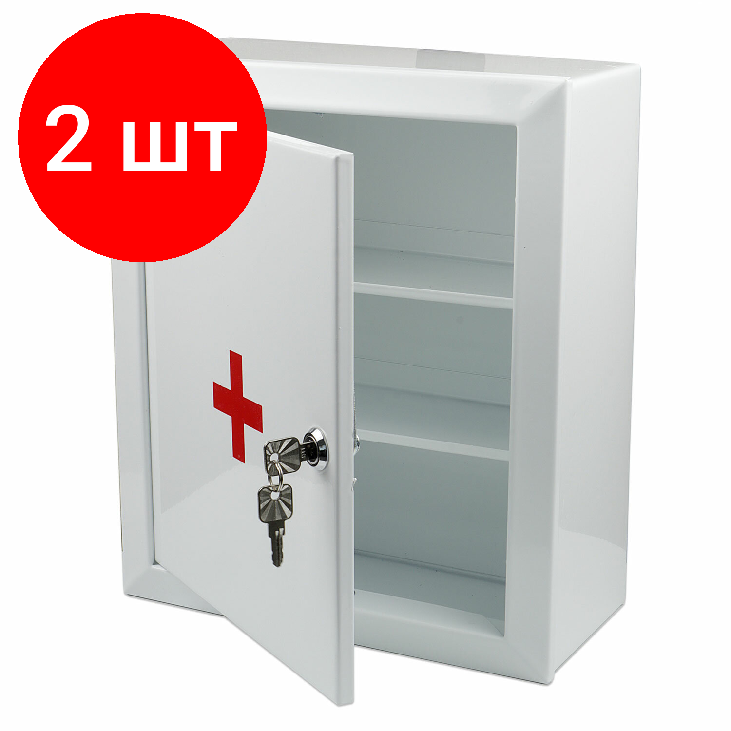 Комплект 2 шт, Шкафчик-аптечка металлический "Призма", навесной, 2 полки, ключевой замок, 330x280x140 мм
