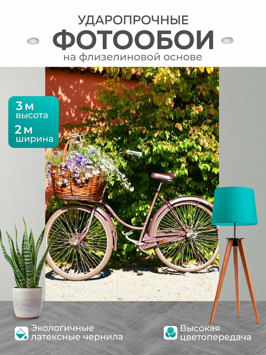 Фотообои моющиеся ударопрочные "Прованс: старинный велосипед с корзиной, полной цветов, припаркованный у дома с красной крышей. солнечный свет играет" 200x300 см. флизелиновые на стену