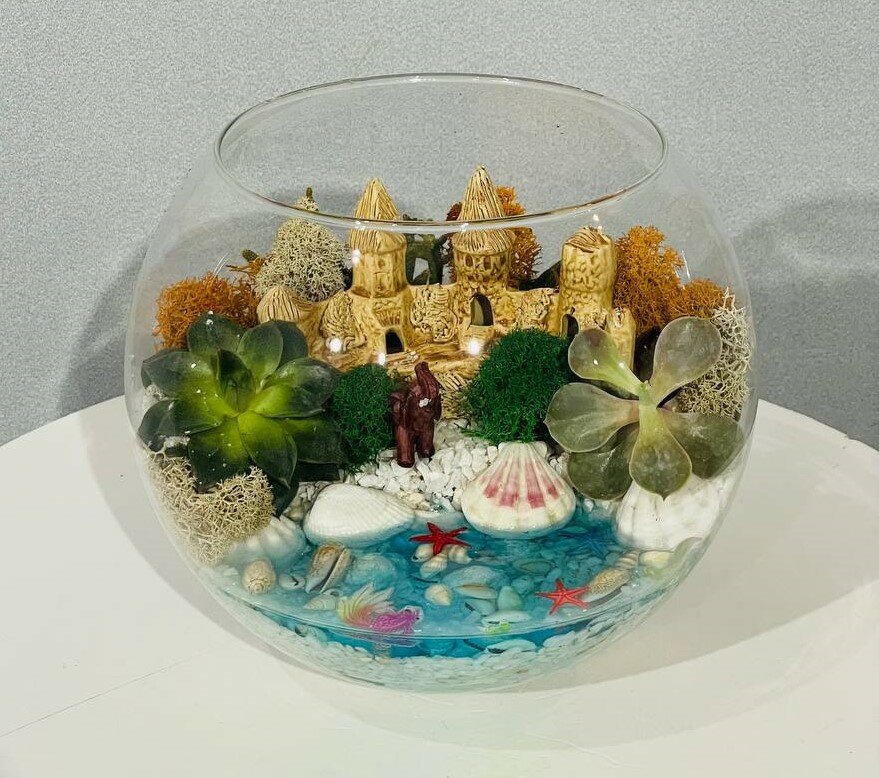 Флорариум интерьерный "Замок", Комнатное растение / Мини садик в вазе с водоёмом