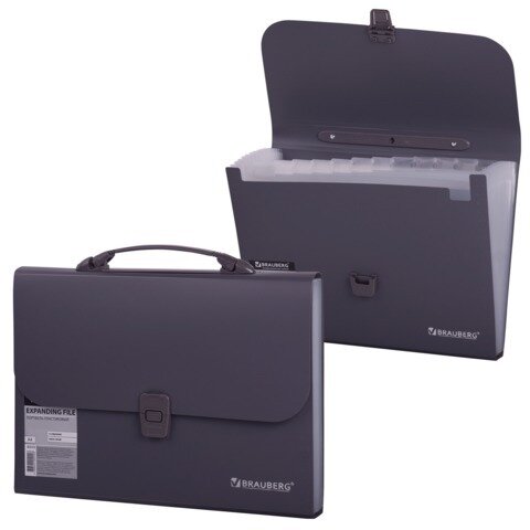 Портфель пластиковый Brauberg А4, 327х254х30 мм, 13 отделений, пластиковый индекс, темно-серый (221438)