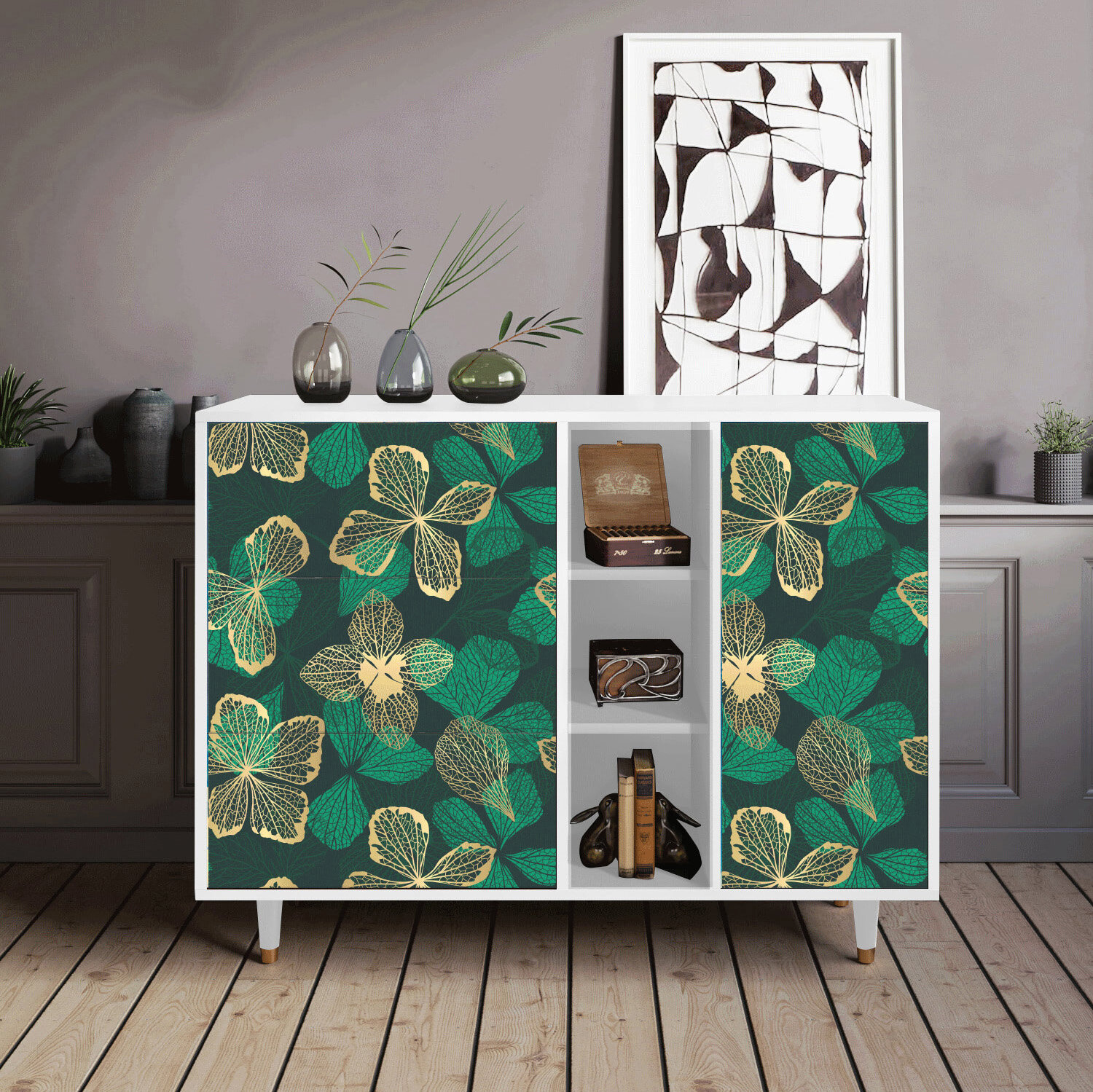 Комод - STORYZ - BS2 Green Flower, Разер - 125 x 97 x 48 см , Цвет корпуса - Белый