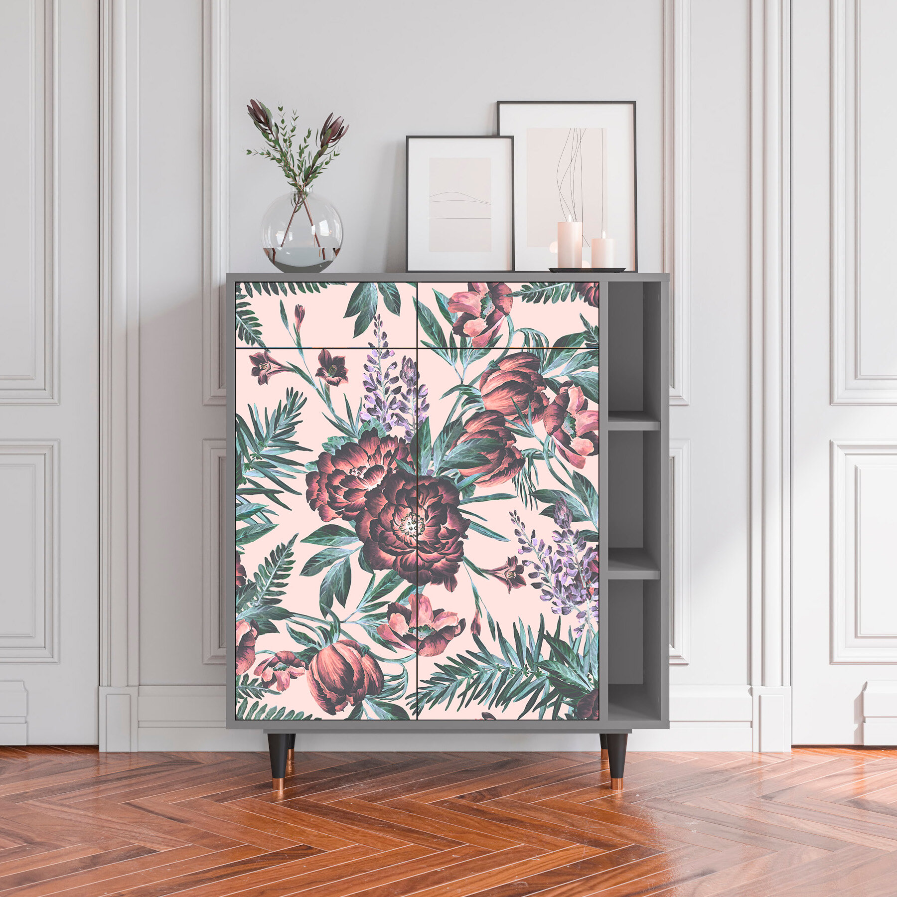 Комод - STORYZ - BS6 Peach Peonies, Размер - 94 x 110 x 41 см, Цвет корпуса - , Серый