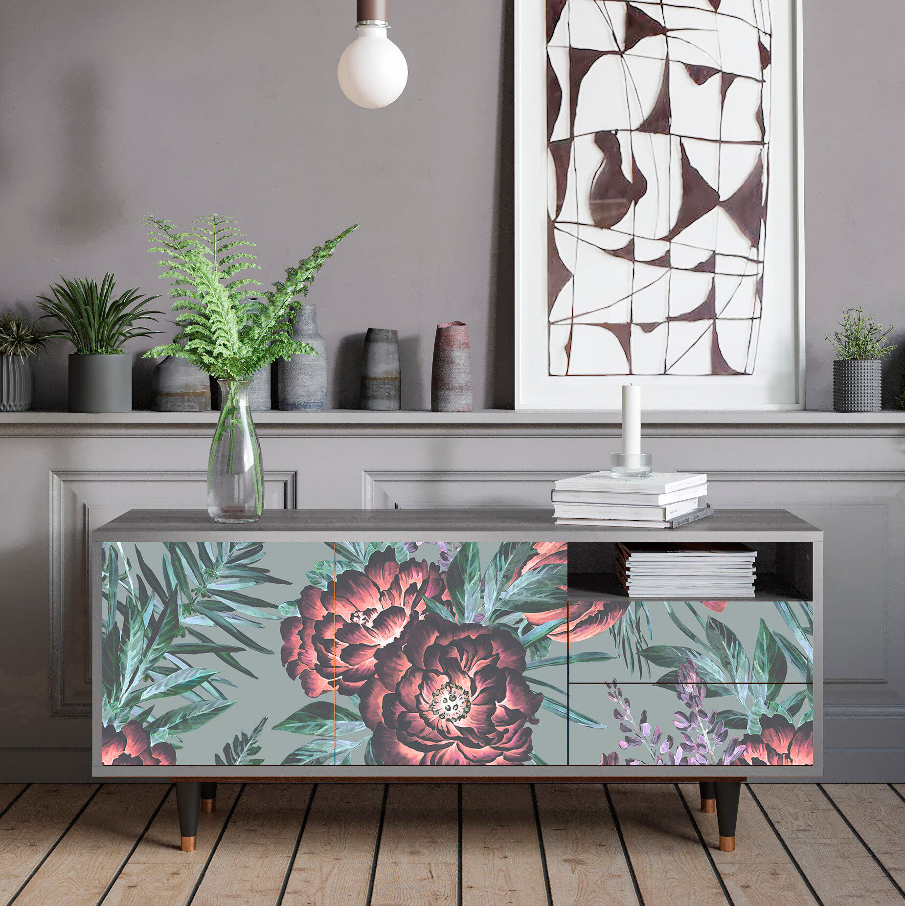 ТВ-Тумба - STORYZ - T7 Light Peonies, Размер - 125 x 56 x 41 см, Цвет корпуса - , Серый