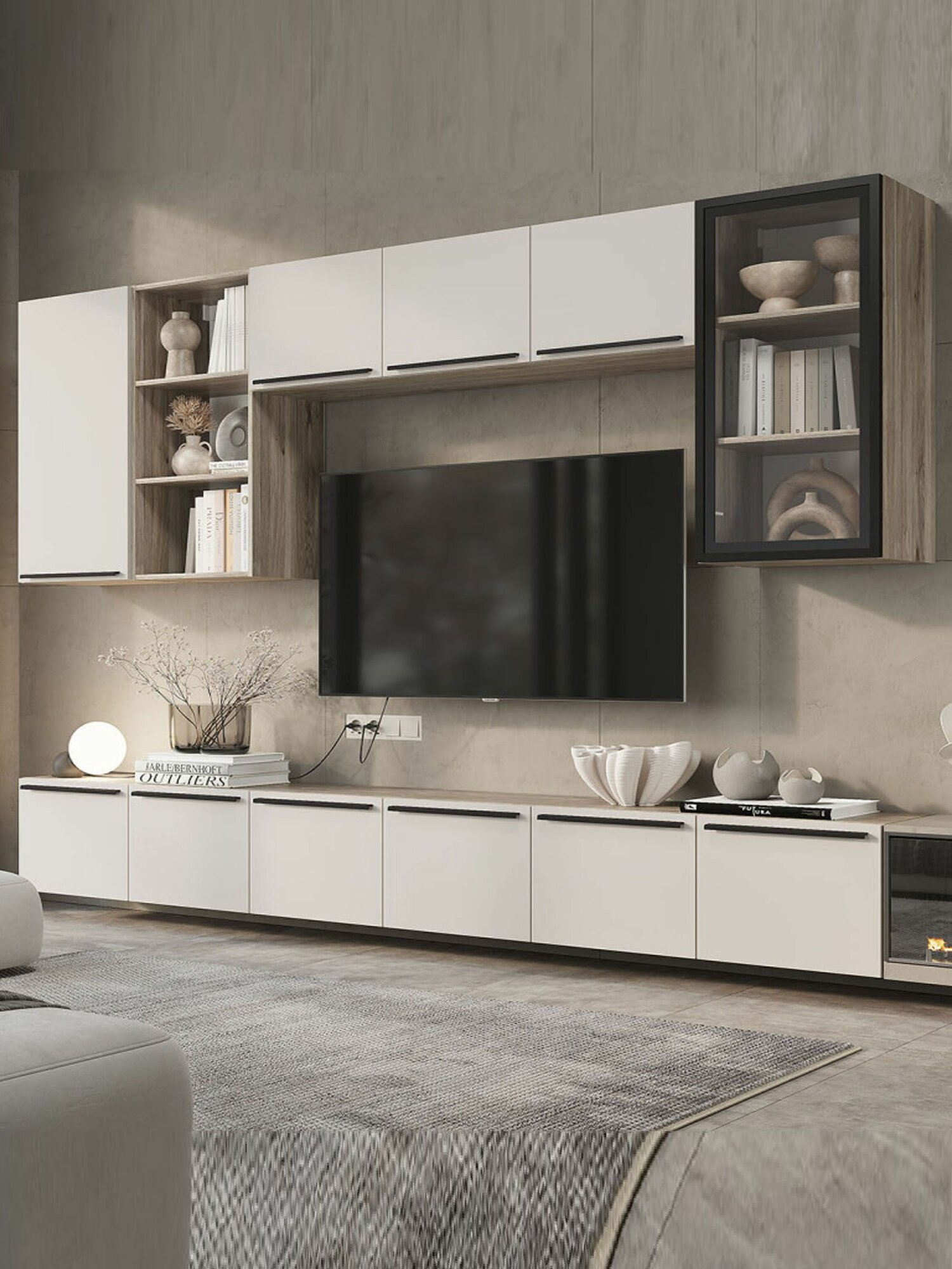 Гостиная комплект Урбан Макси, навесной шкаф, шкаф-витрина, тумба, Дуб смоки / Кашемир