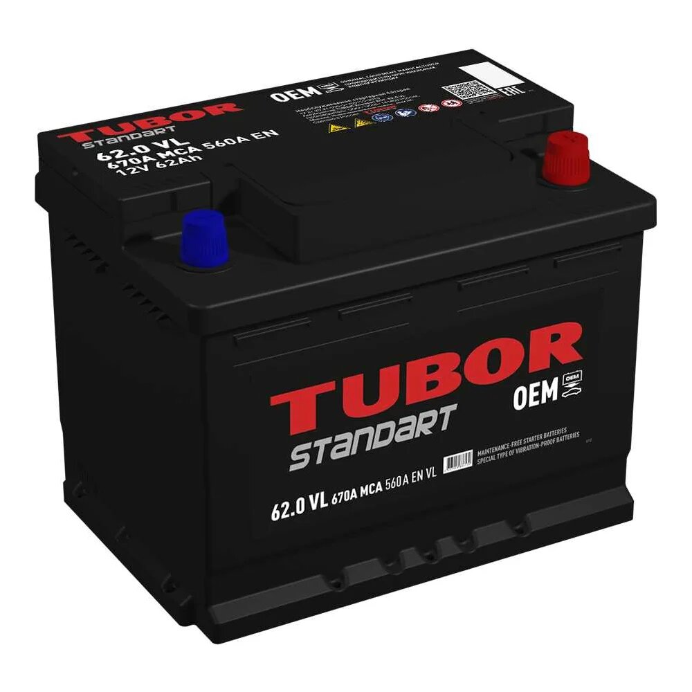 Аккумулятор TUBOR STANDART 6СТ-62.0 VL 4607008886139 прямая полярность для автомобилей легковых и грузовых
