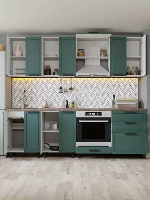 Кухонный гарнитур Галактика прямой 2,4 м, темный изумрудный с ящиками без столешницы