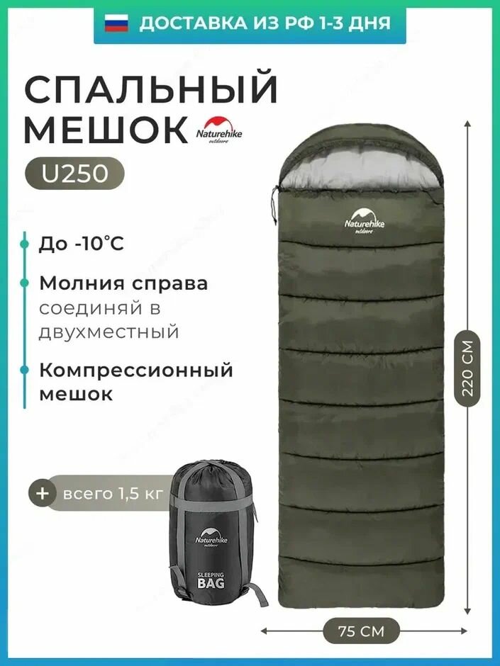 Спальный мешок Naturehike u250 / до -10C, 1.5 кг, зеленый, молния справа / состегивается в двухместный спальник