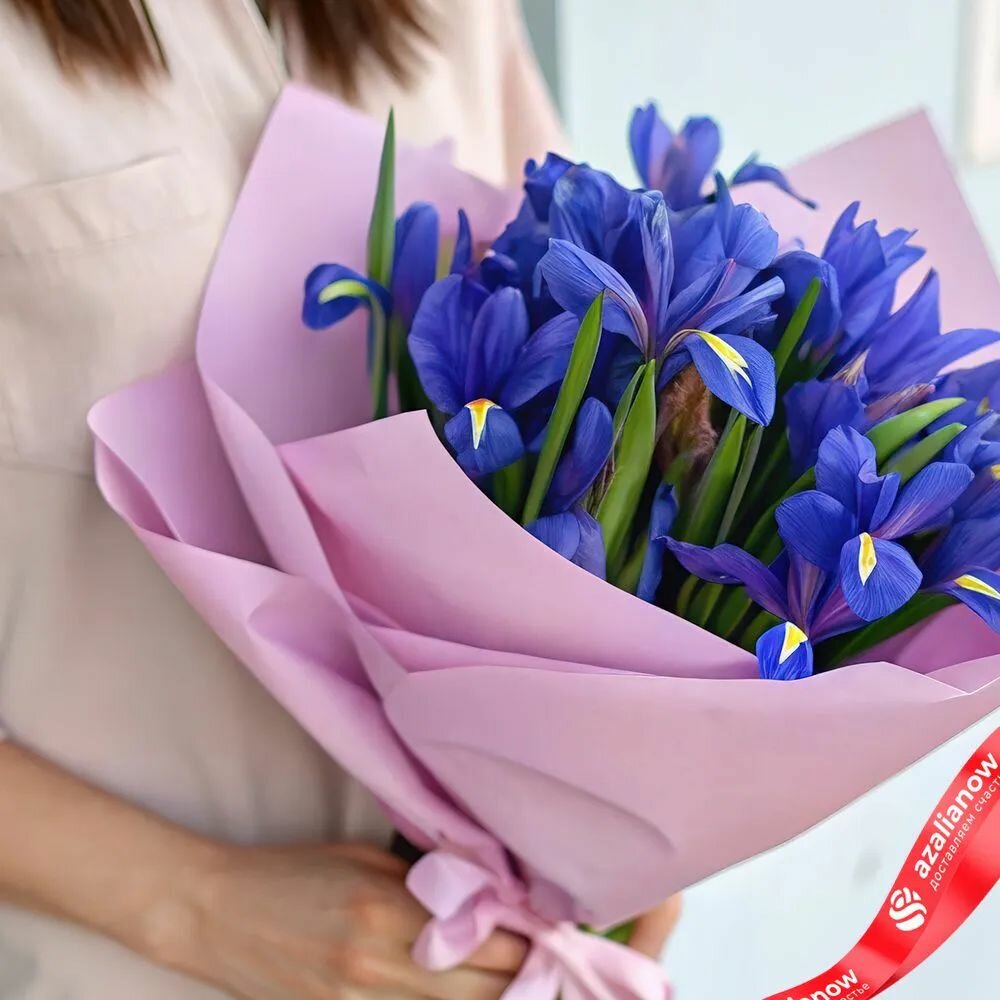 Букет из 15 ирисов в розовой бумаге с атласной лентой от АзалияНау