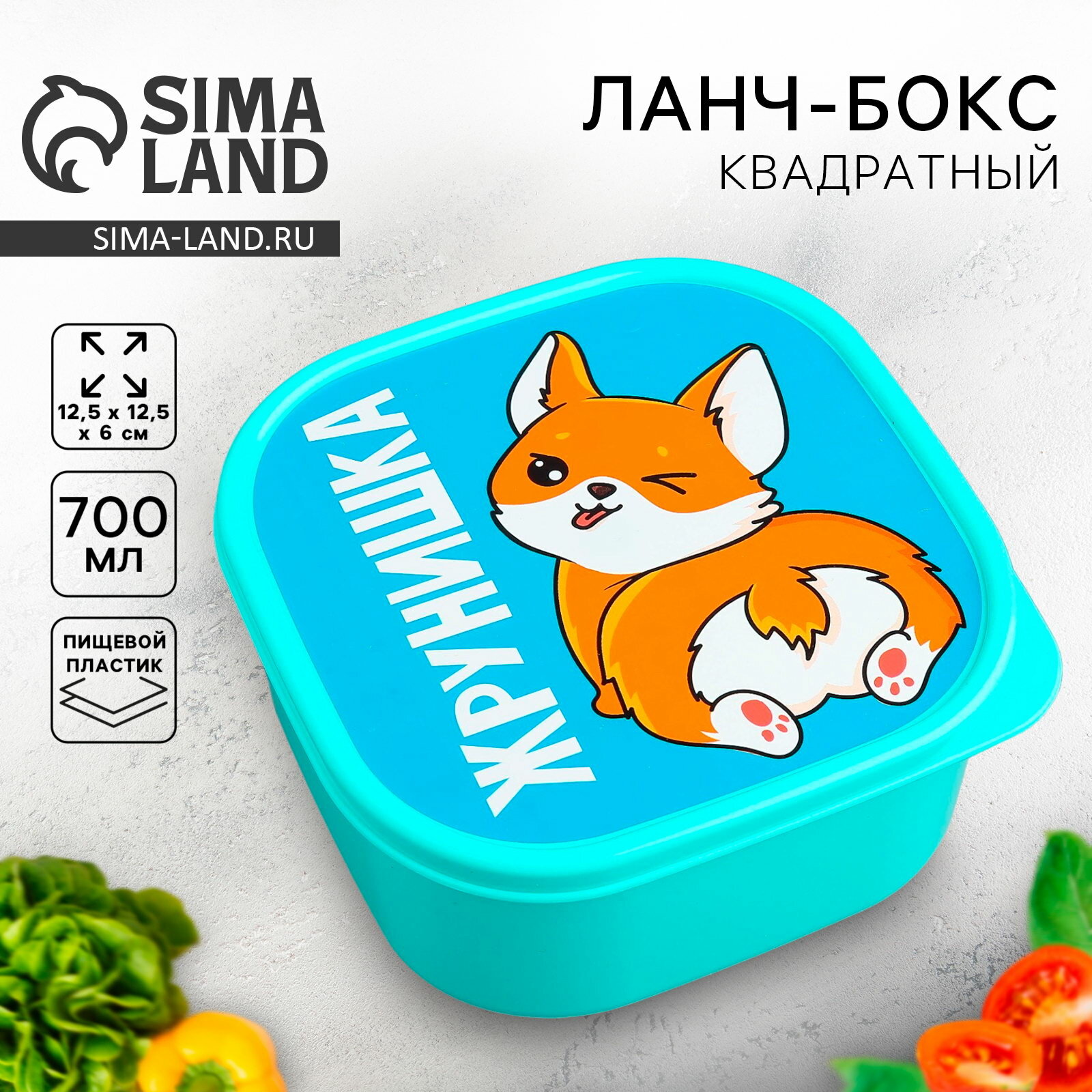 Ланч - бокс квадратный "Жрунишка", 700 мл, форма: квадрат, цвет крышки: голубой