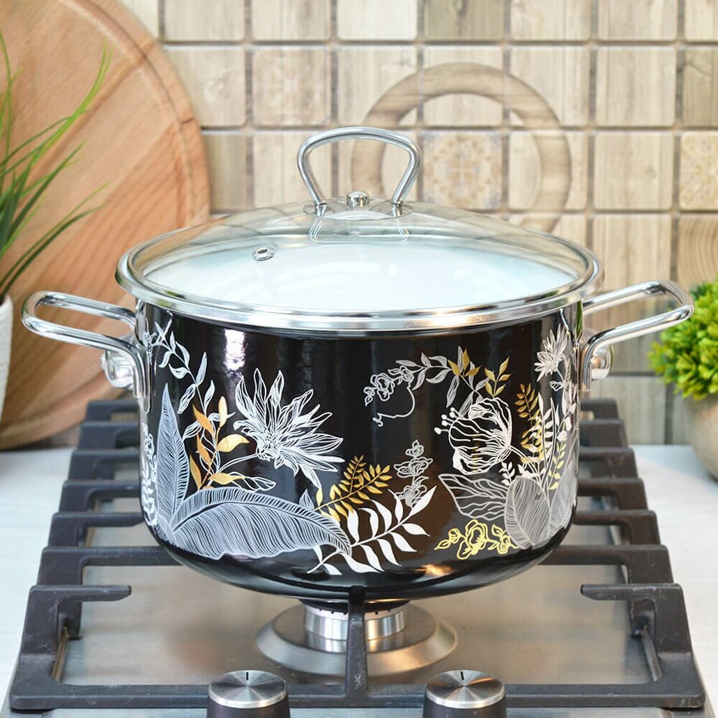 Кастрюля 4л, «magia», черный, эмалированная, индукционное дно, стеклянная крышка, подарочная коробка