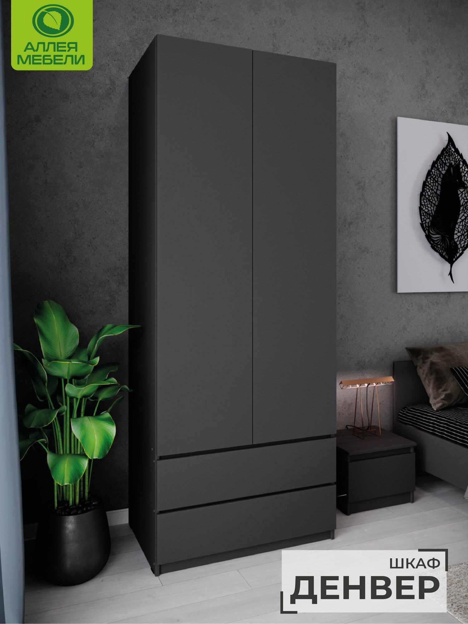 Шкаф распашной, для одежды, двухстворчатый, с ящиками, полками и штангой, денвер СВ, 80х205х46.2 см, Серый графит