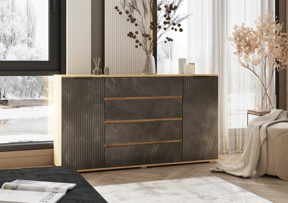 Комод для одежды с ящиками и полками Мальта грей/Дуб крафт 3 ящика, 160х45х90 см