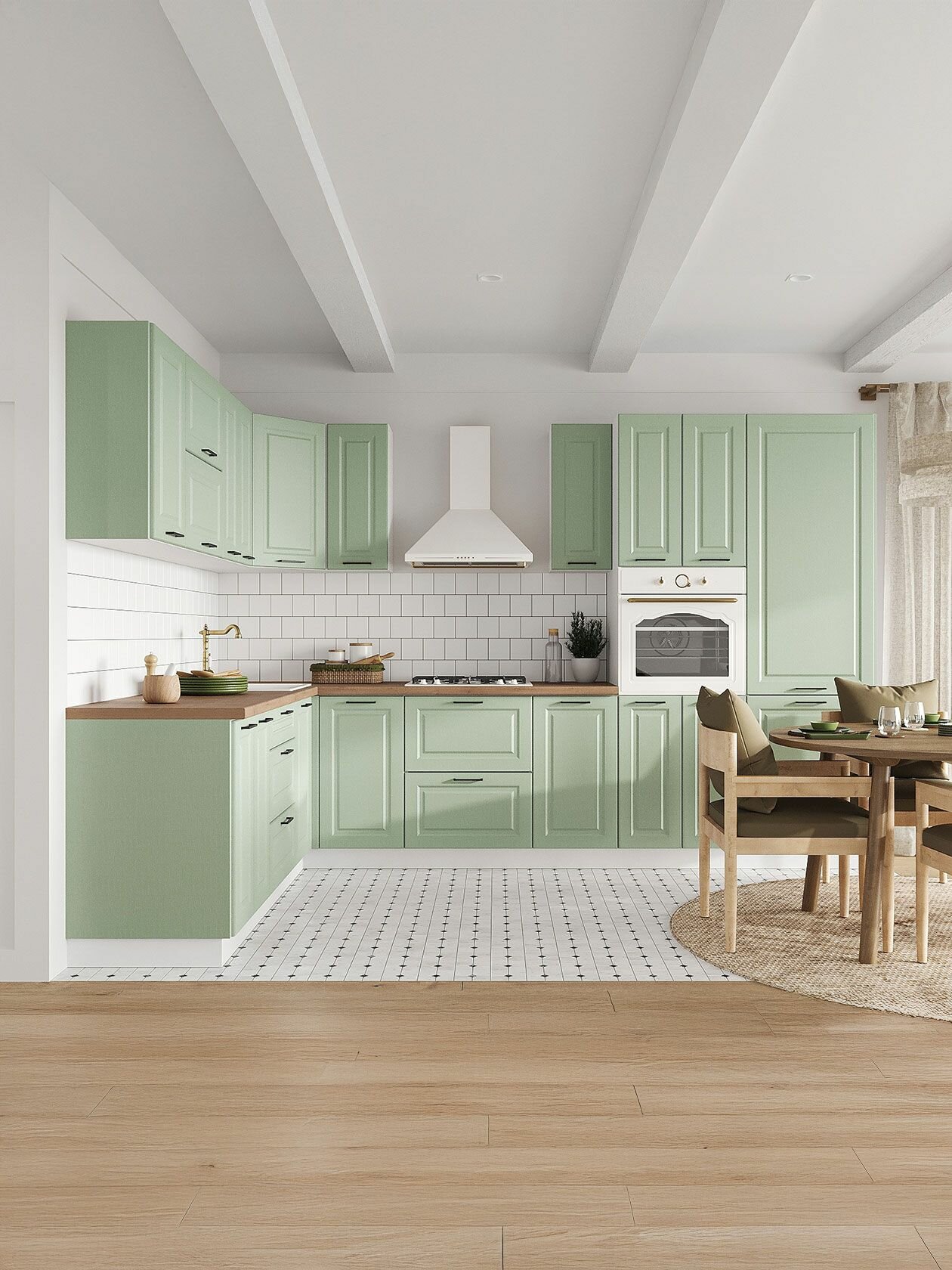 Кухонный гарнитур угловой Шервуд 3.2х2.2 м, мебель для дома и кухни, Белый / Шато мята