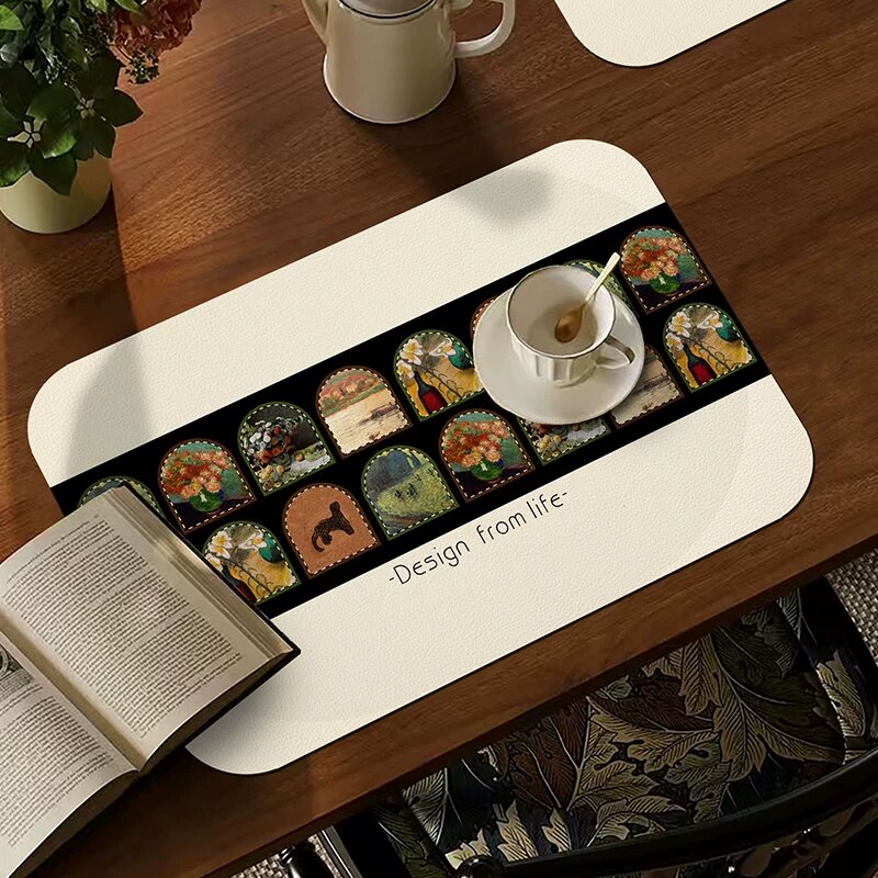 Mid-Century Floral Leather Coaster Set, 30x45 см, водонепроницаемый и устойчивый к пятнам для обеденного стола в