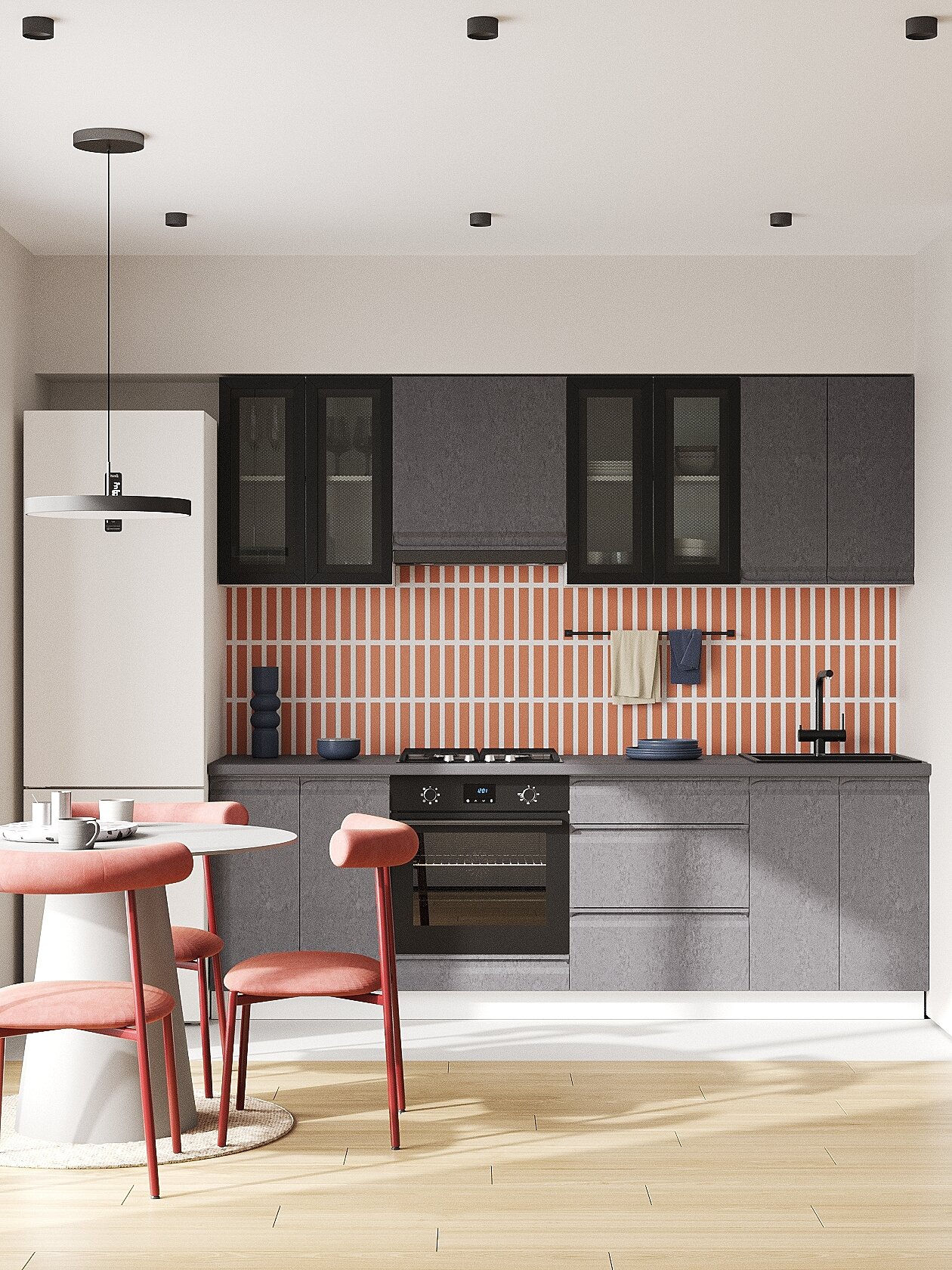 Кухонный гарнитур Велюр 240 см, мебель для дома и кухни, Белый / Бетон графит / Черный, стекло