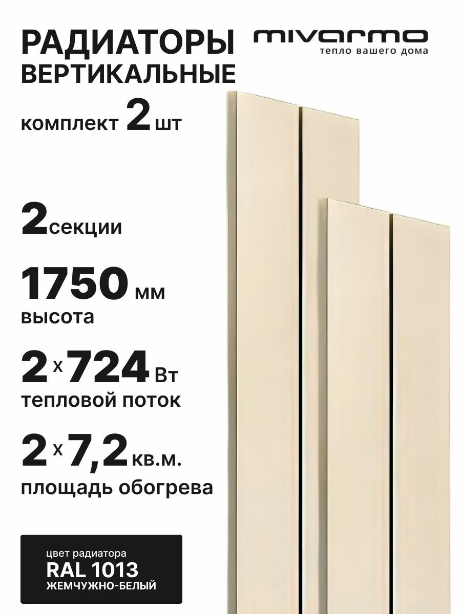 Комплект алюминиевых радиаторов отопления вертикальных, горизонтальных MIVARMO, жемчужно-белый, 1750 мм 2 секции из 2 шт.