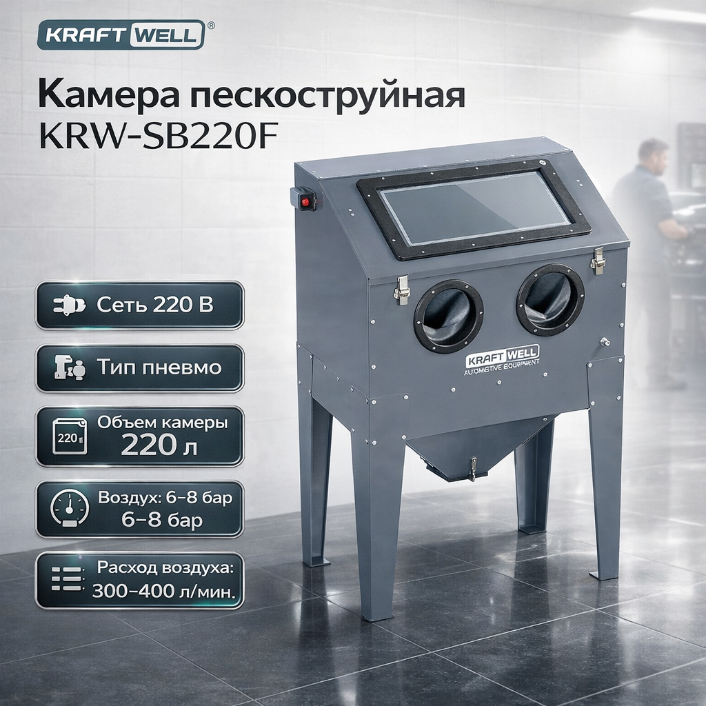 Камера пескоструйная, фронтальная загрузка, 220 л KraftWell арт. KRAFTWELL KRW-SB220F
