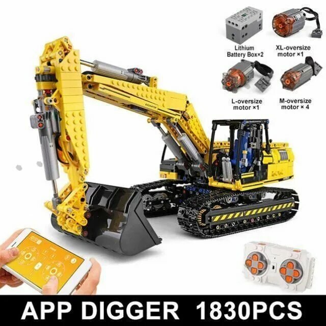 Конструктор Mould King 13112 Моторизированный экскаватор Link-Belt 250 x 3 с ДУ, На радиоуправлении, Электронный, Пластиковый, 1830 Деталей.