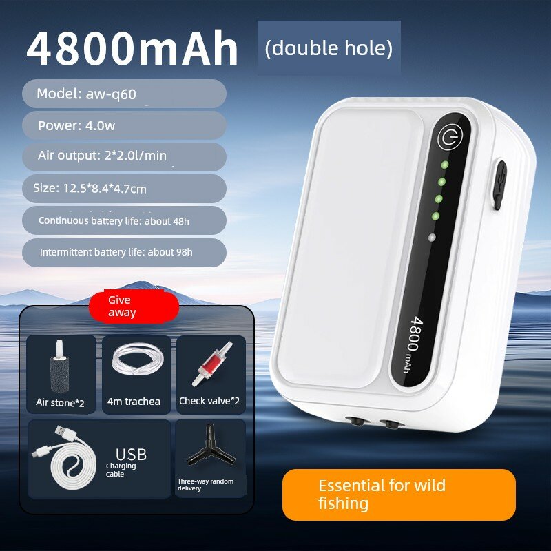 USB-заряжаемый насос для аквариума с двумя отверстиями, 4800 л/ч, 4 Вт, 98 часов автономной работы, тихий, компактный