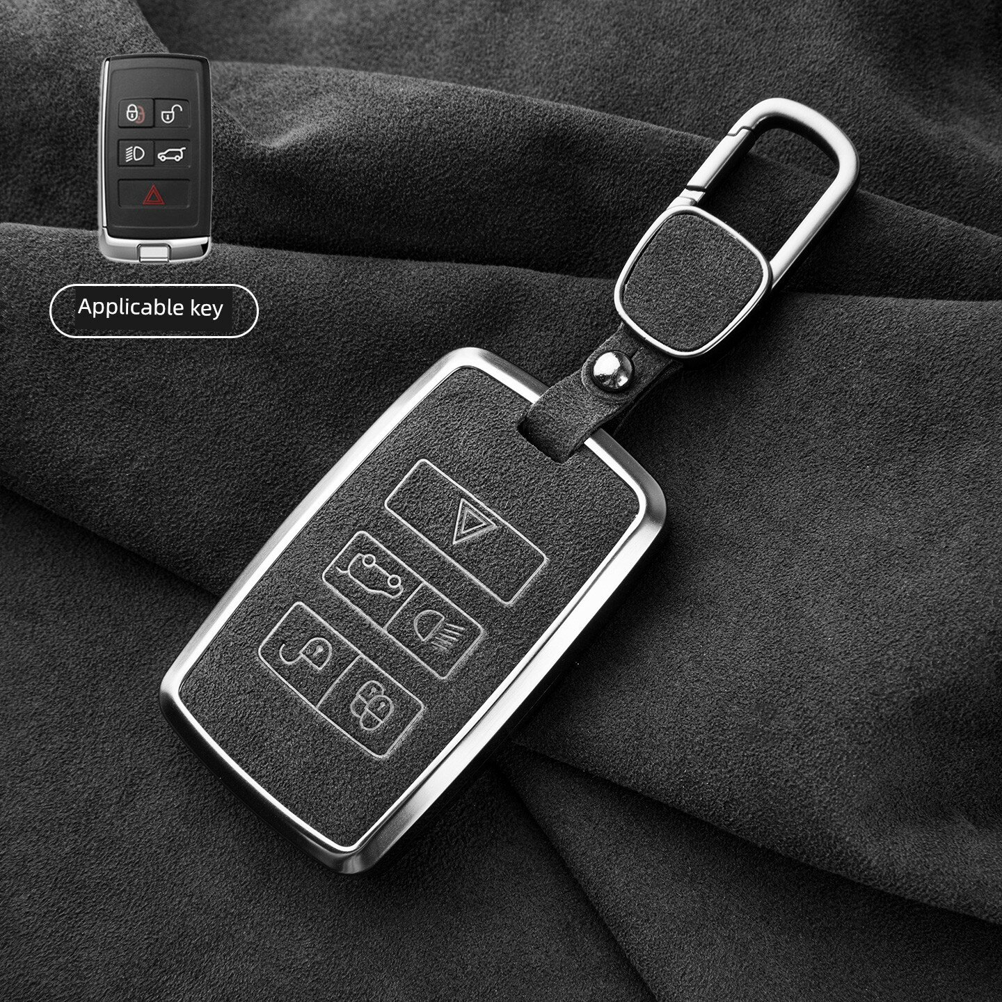 Чехол из Алькантары для ключей Land Rover Range Rover, Discovery 4/5, Velar, Evoque, Defender — Серо-черный квадратный