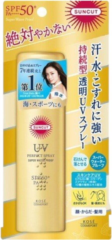 Спрей солнцезащитный KOSE Suncut суперводостойкий увлажняющий, для лица, тела и волос, SPF 50+, 90 г
