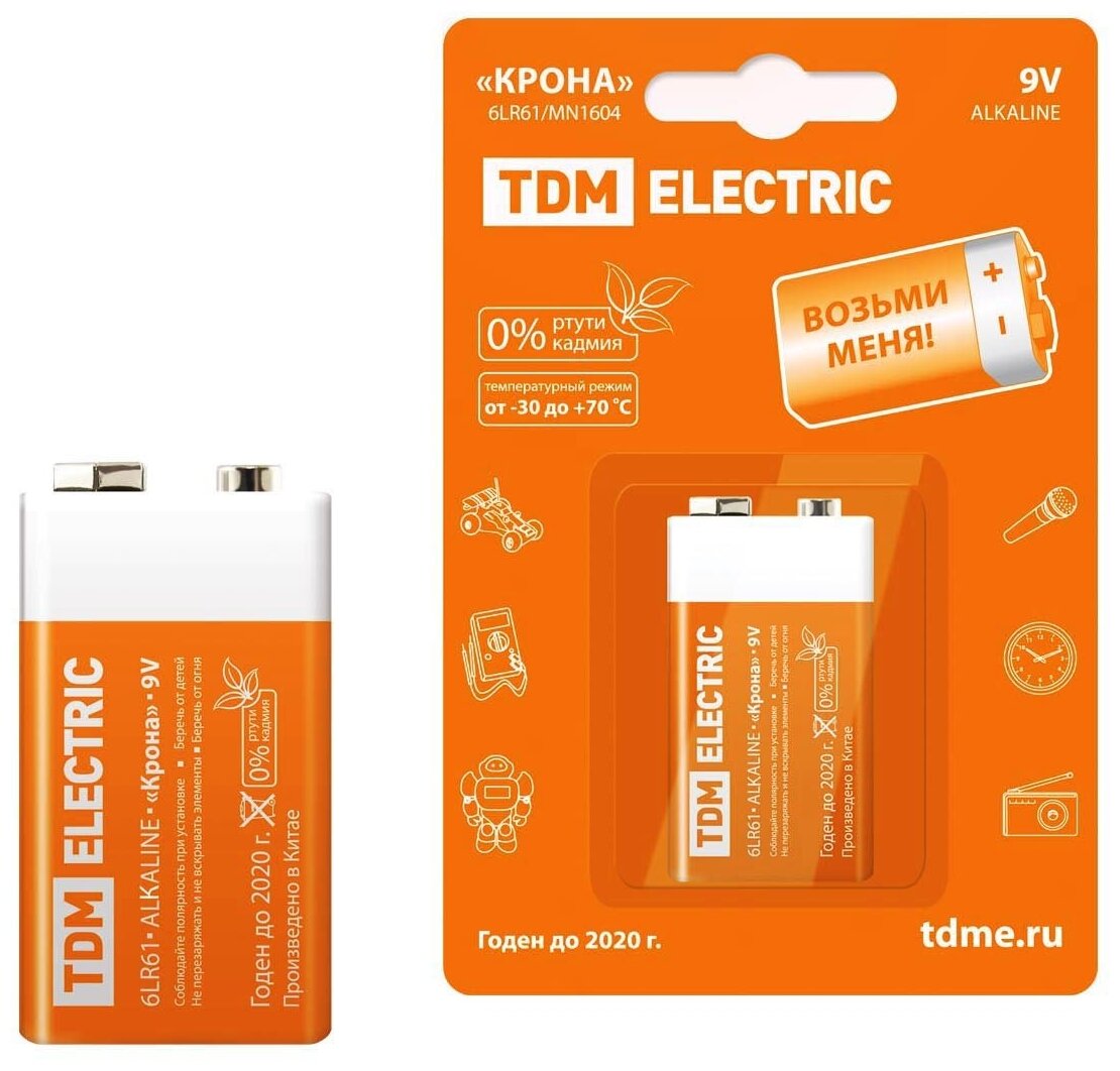 Батарейка TDM ELECTRIC 6LR61 Крона 9V BP-1 {SQ1702-0013} (1 шт)