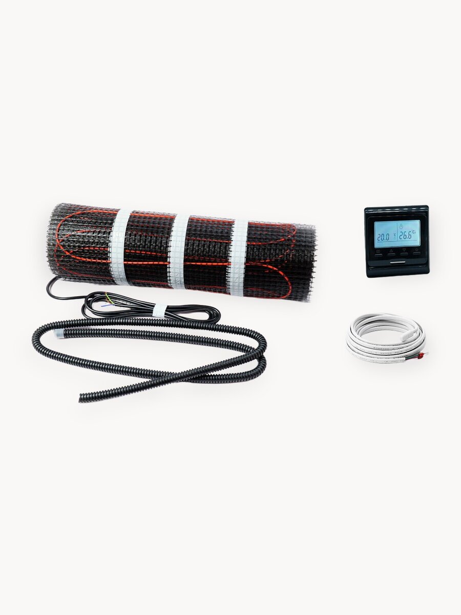 Теплый пол с черным программируемым терморегулятором под плитку электрический мат 2 м2