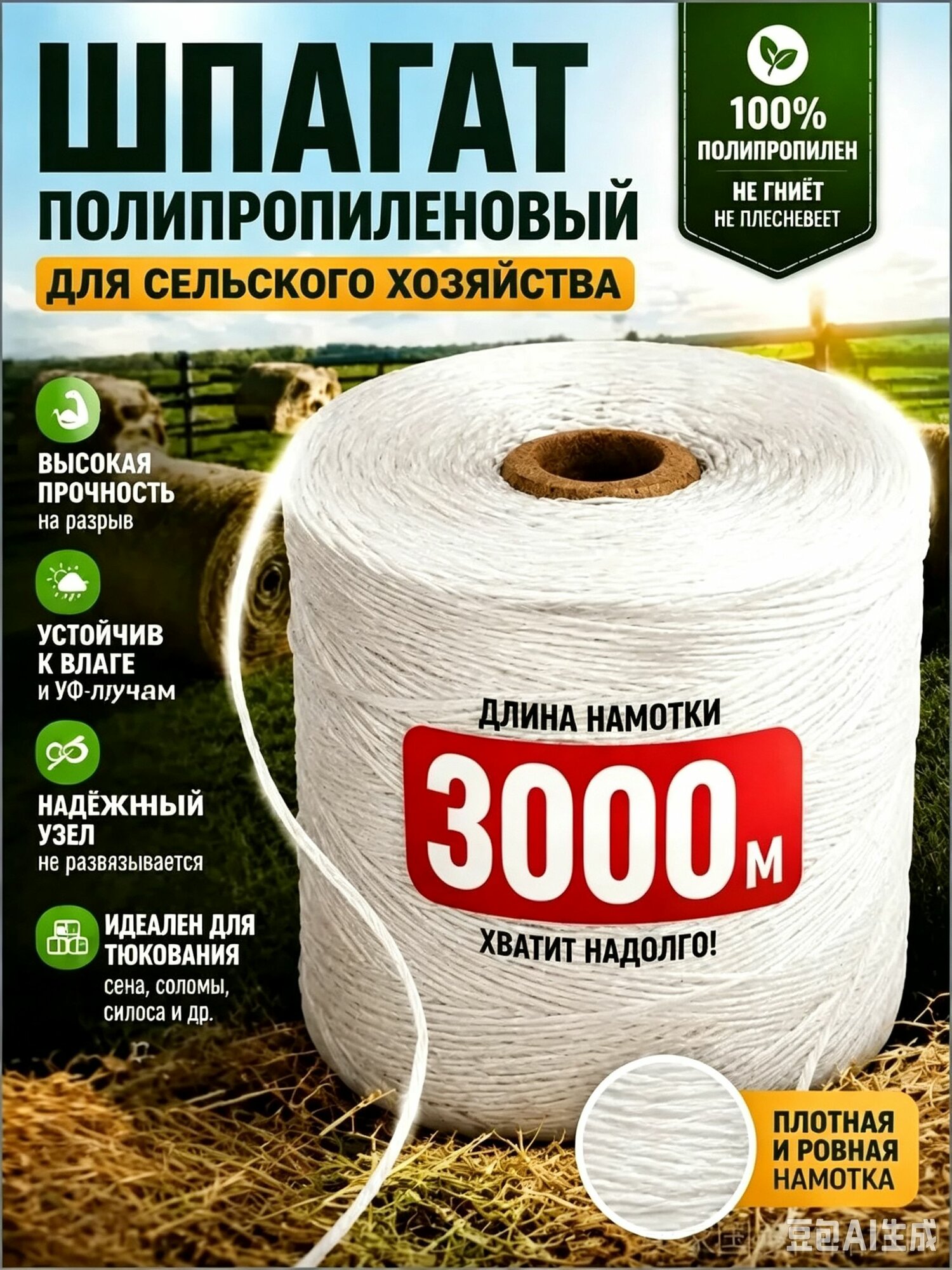 Шпагат сеновязальный полипропиленовый из первичного сырья3000m