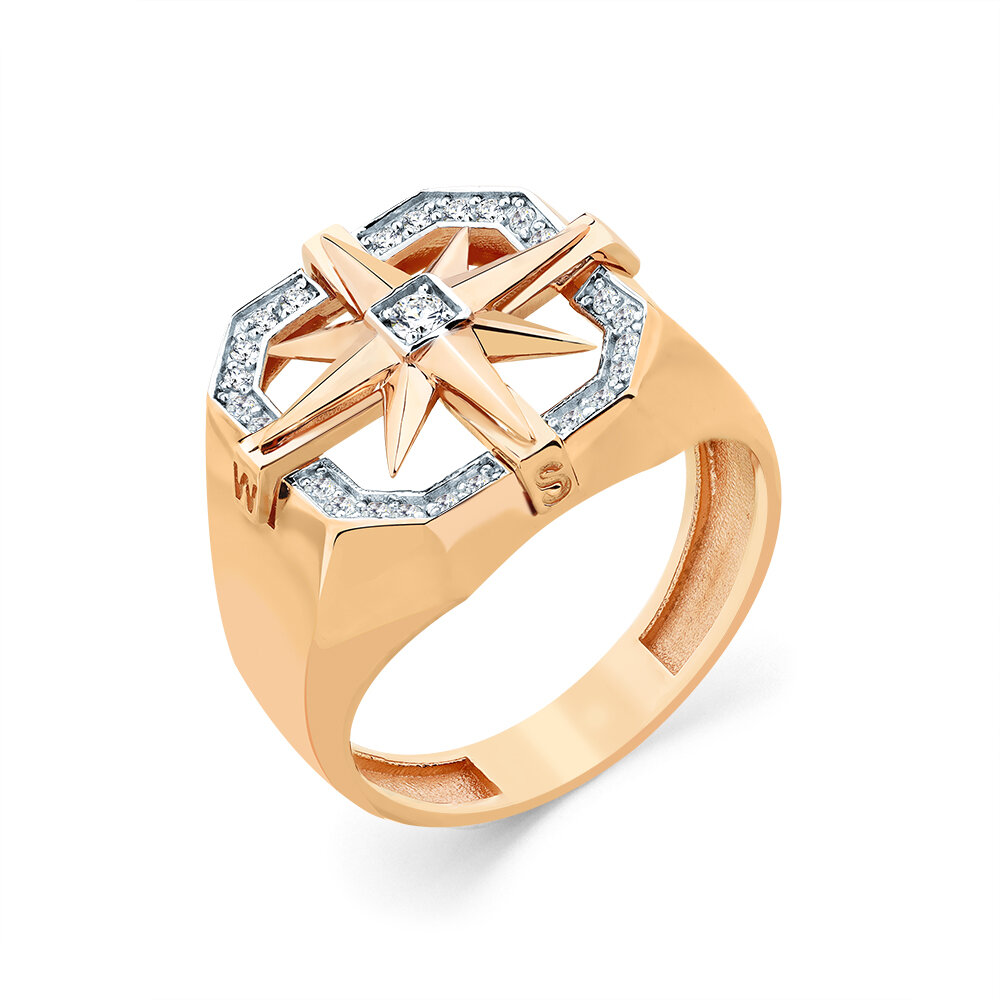 Печатка, красное золото, 585 проба, фианит