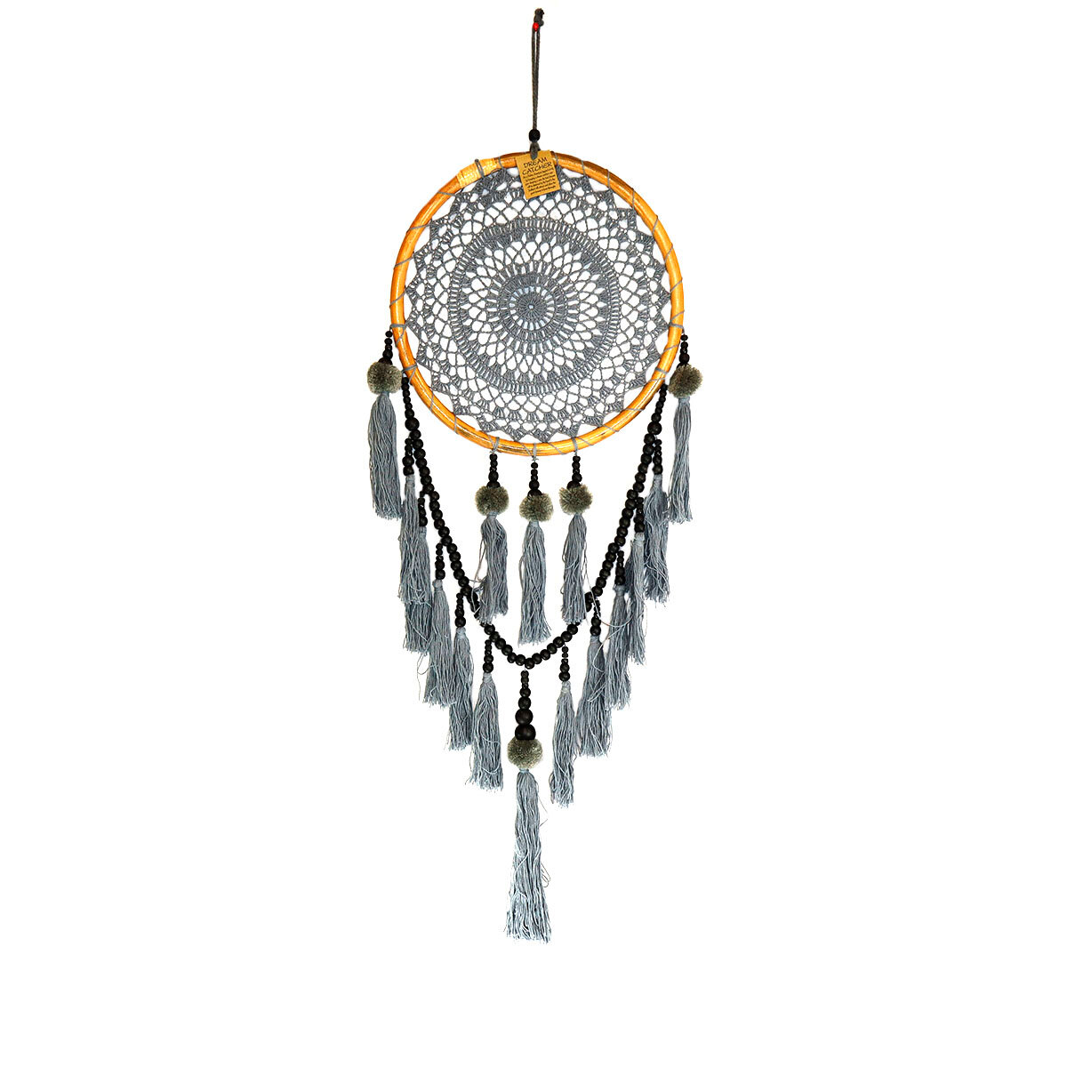 Ловец снов оберег Серо-голубой Кружевной Круг с Кисточками и Помпонами - защита дома, нейтрализация негатива (ротанг, макраме, диаметр 32 см, высота 105 см.), 1 шт.