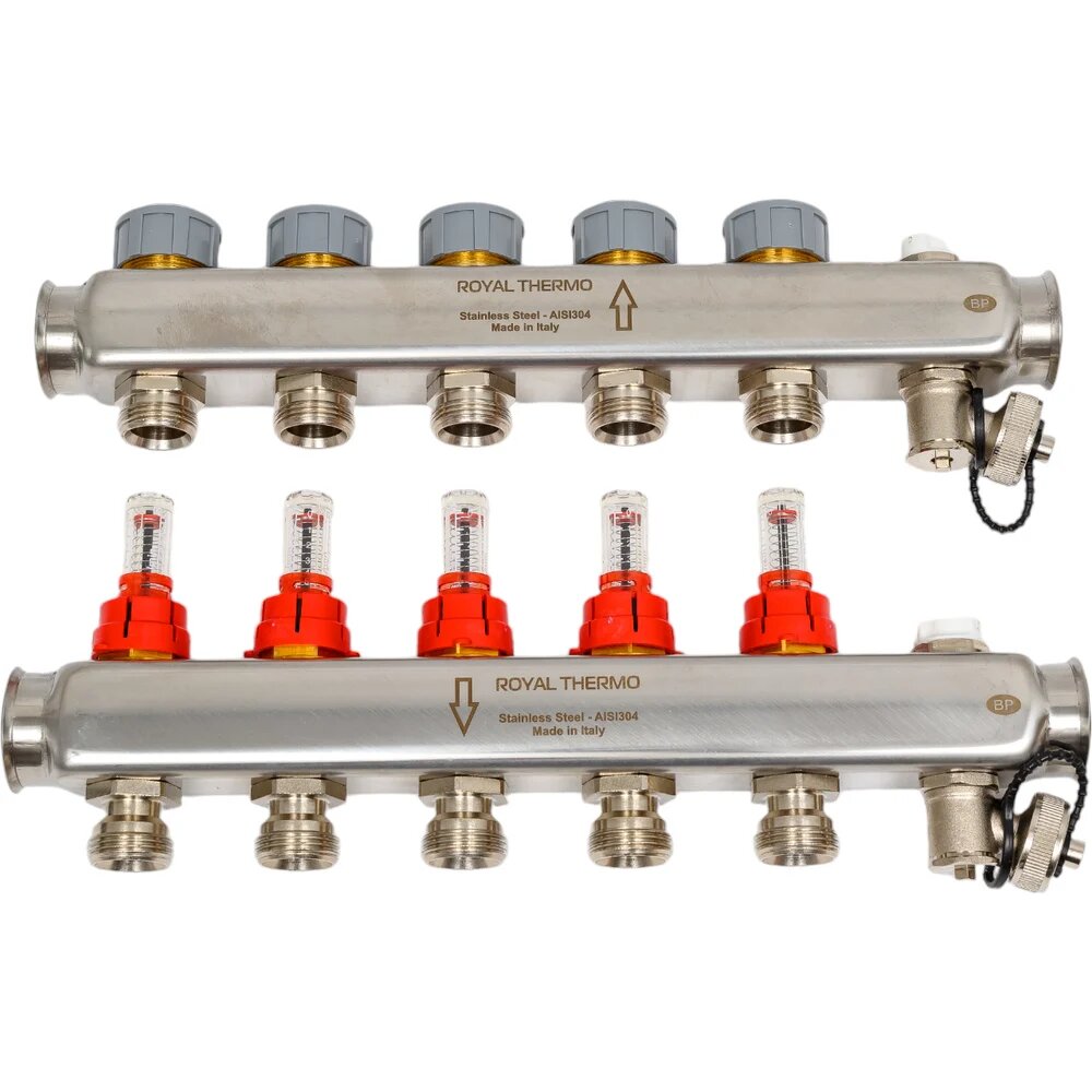Коллектор в сборе Royal Thermo нержавеющая сталь, с расходомерами 1 ВР-3/4 НР, 5 выходов НС-1080951