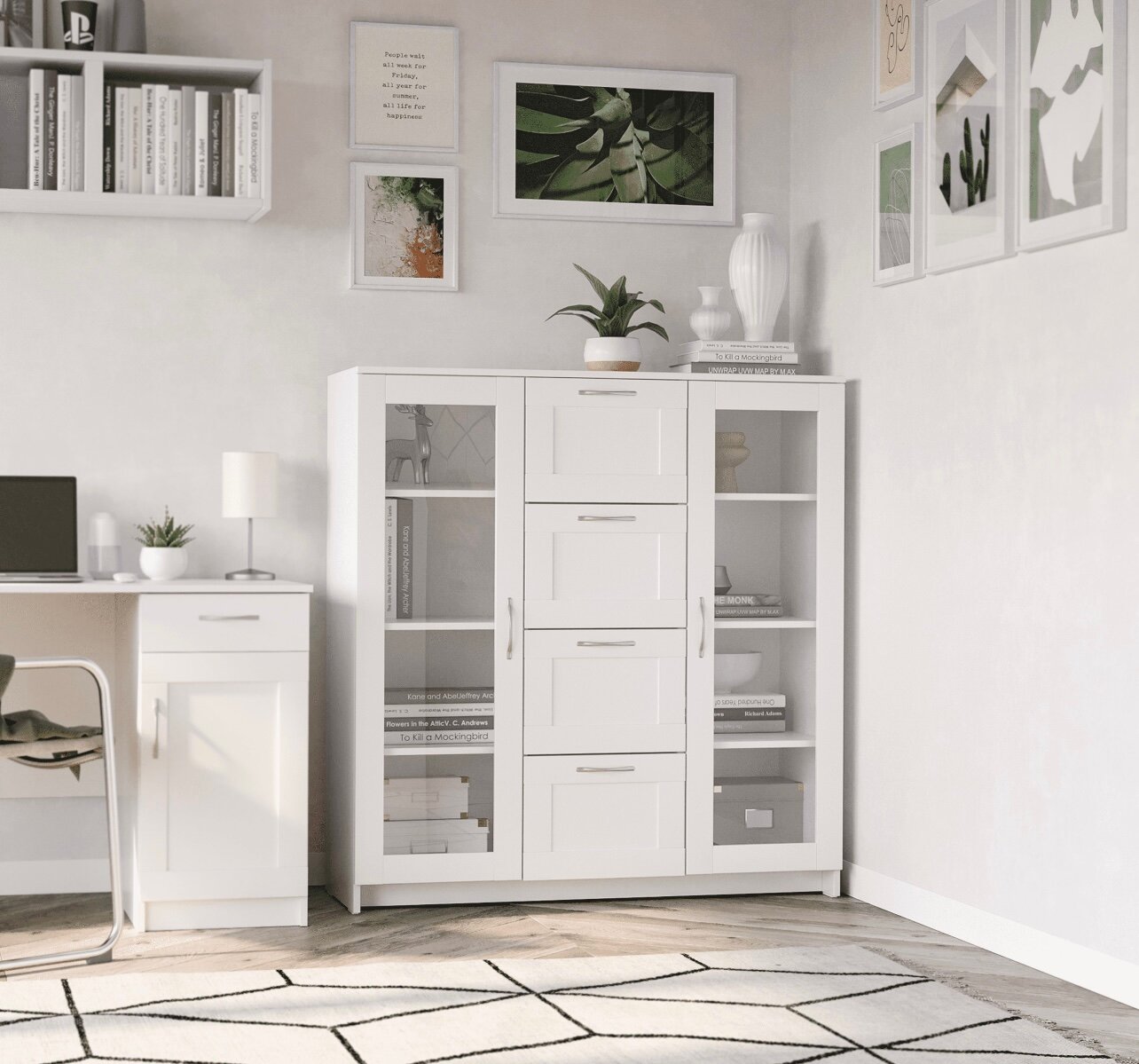 Тумба "Сириус" 2-дверная со стеклянным фасадом и 4 ящиками, 116,7x122,5x40,5 см, белый