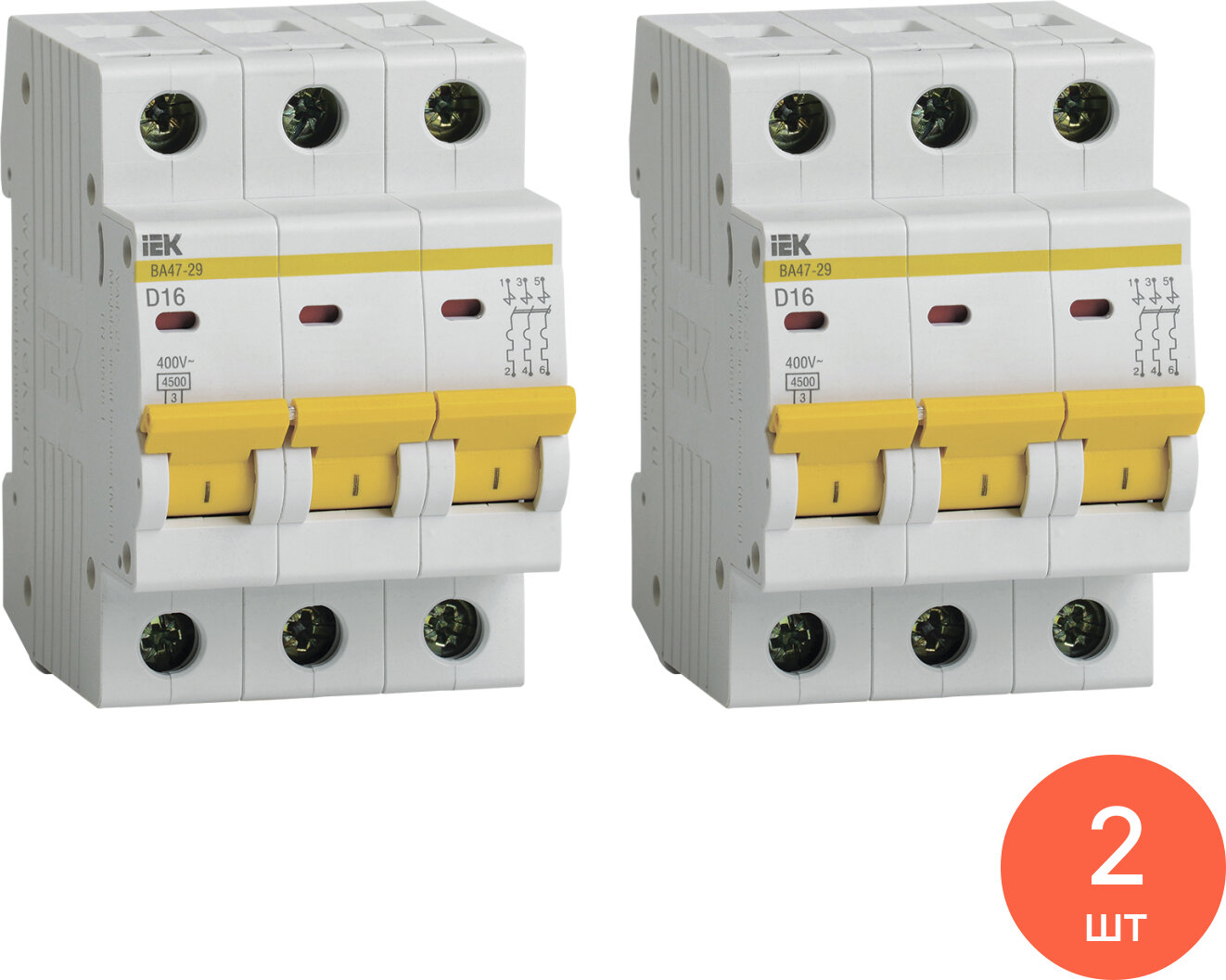 Автоматический выключатель IEK / ИЭК ВА47-29, 3Р 16А характеристика D 4.5кА, MVA20-3-016-D / электроавтомат (комплект из 2 шт)