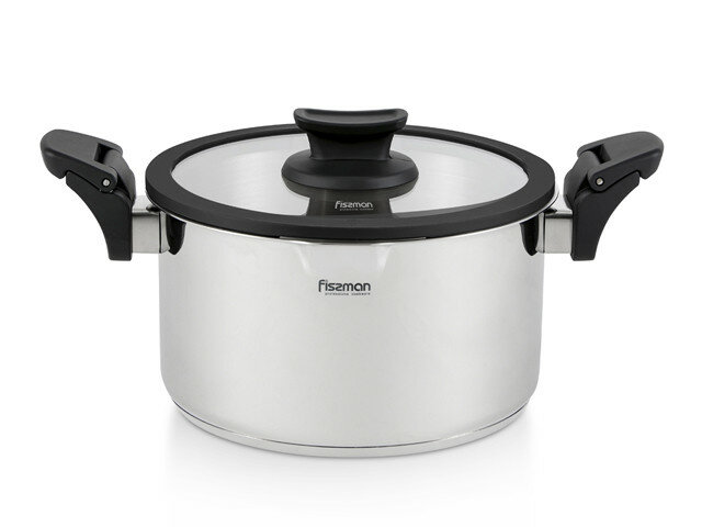 5220 FISSMAN Кастрюля LORA 5,6л; 24x13 см с крышкой (нерж. сталь) Ручки-бакелит; Крышка-стекло; Индукция; Термоаккумулирующее многослойное дно.