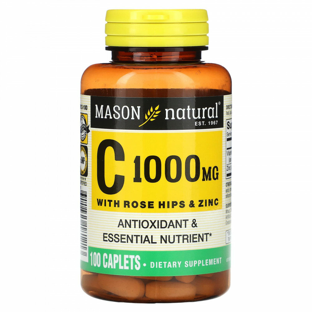 Mason Natural, витамин C с шиповником и цинком, 100 капсул