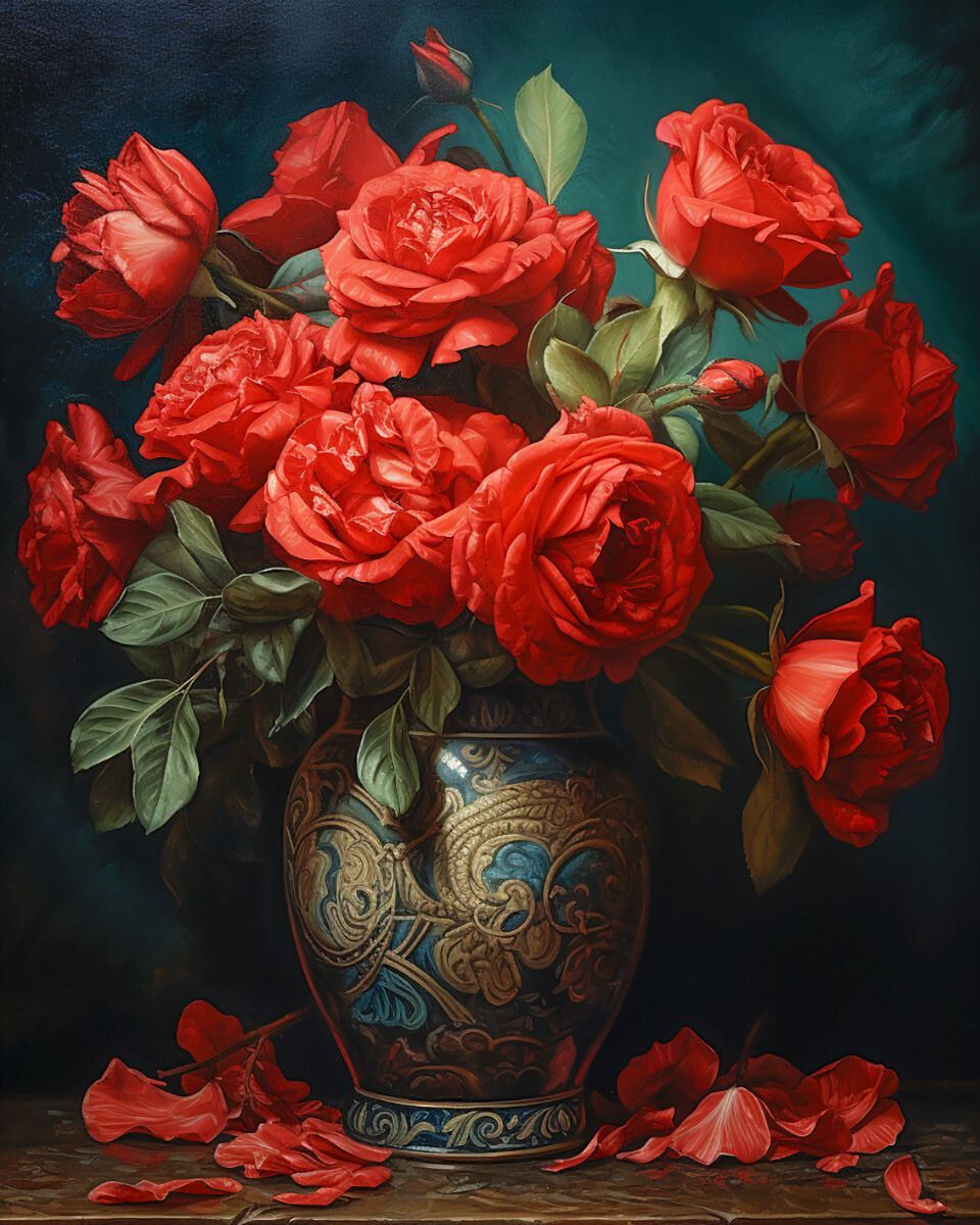 Картина по номерам красные розы в вазе 40х50